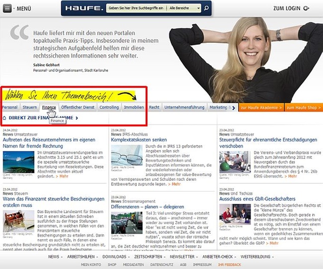 Haufe relauncht seine Themenportale: Anmeldung über Login rechts oben ...